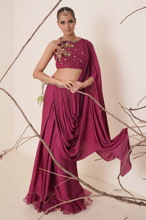 Buy Merge Design Wine Net Pre-draped Saree With Blouse Online | Aza ...