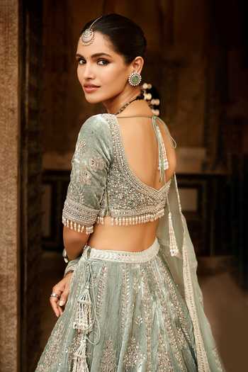 Buy Matsya Green Velvet Vintage Masai Embroidered Lehenga Set Online ...