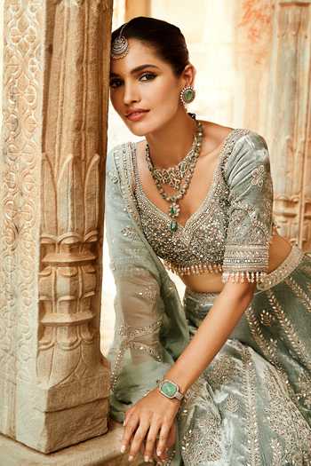 Buy Matsya Green Velvet Vintage Masai Embroidered Lehenga Set Online ...