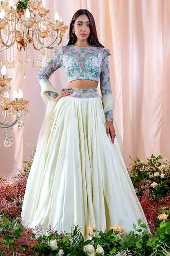 Buy Mahima Mahajan Blue Shantoon Caroline Satin Organza Lehenga Set ...