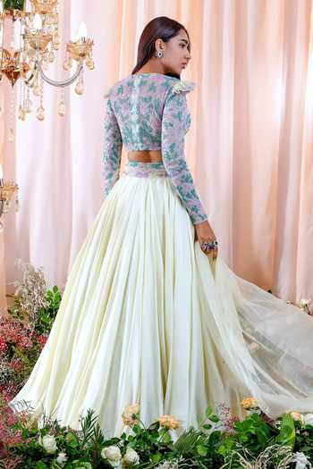 Buy Mahima Mahajan Blue Shantoon Caroline Satin Organza Lehenga Set ...