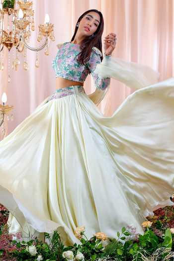 Buy Mahima Mahajan Blue Shantoon Caroline Satin Organza Lehenga Set ...
