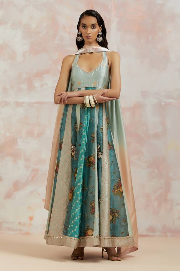 Buy AUM by Asit and Ashima Blue Silk Stripe Pattern Anarkali With ...