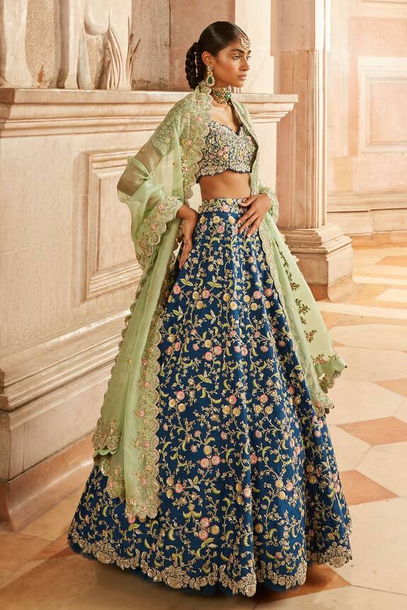 Buy Mrunalini Rao Blue Raw Silk Floral Embroidered Lehenga Set Online ...