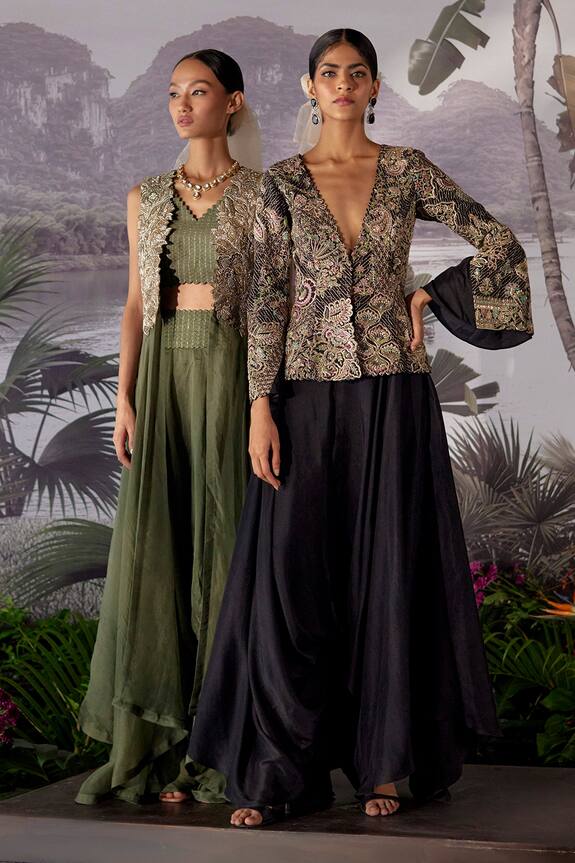 Buy Mrunalini Rao Black Raw Silk Embroidered Jacket And Flared Pant Set ...