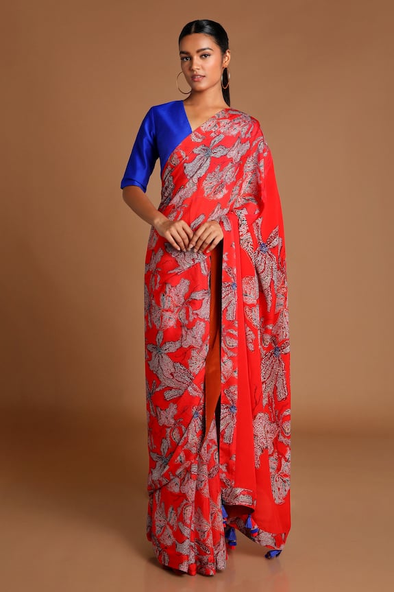 Buy Masaba Red Chiffon Floral Print Saree With Silk Unstitched Blouse ...