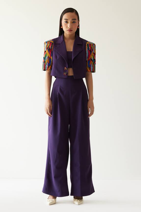Buy Mini Sondhi Purple Crepe Structured Sleeve Jacket And Trouser Set ...
