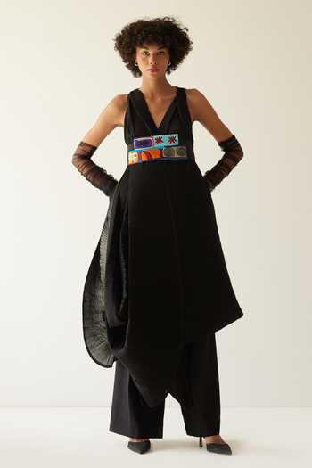 Buy Mini Sondhi Black Crepe Embroidered Drape With Trouser Set Online ...