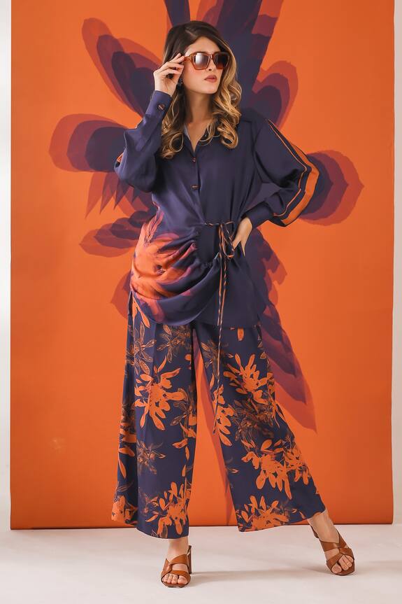 Buy Mehak Talreja Couturre Blue Crepe Draped Shirt And Pant Set Online ...