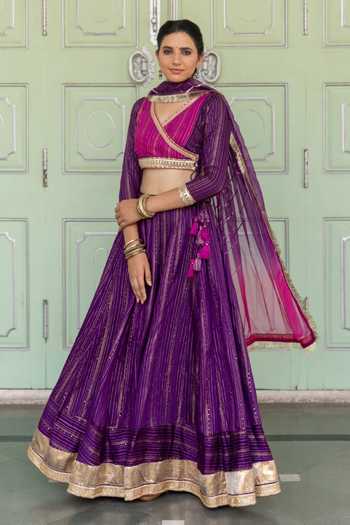 Buy Myaara Purple Chanderi Blend Gota Work Embroidered Lehenga Set ...