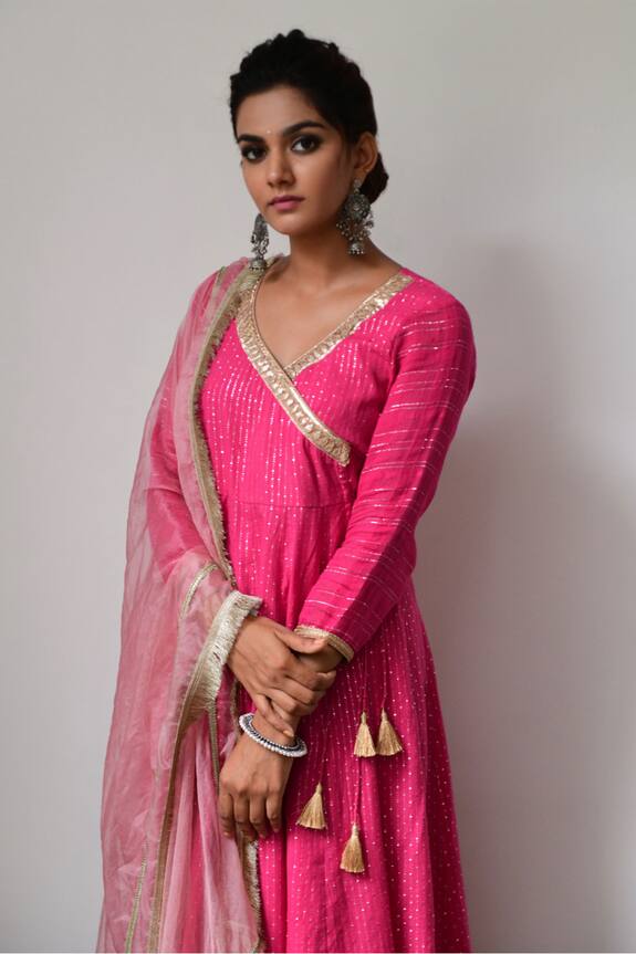 Buy Myaara Pink Cotton Lurex Embroidered Angarkha Set Online | Aza Fashions