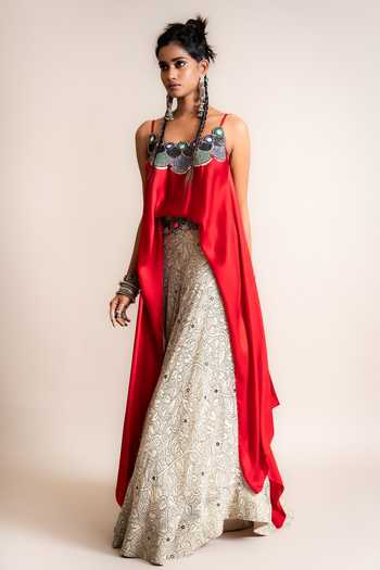 Buy Nupur Kanoi Red Silky Strappy Top And Circular Pant Set Online ...
