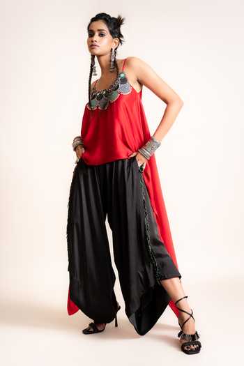 Buy Nupur Kanoi Black Satin Asymmetric Top And Draped Pant Set Online ...