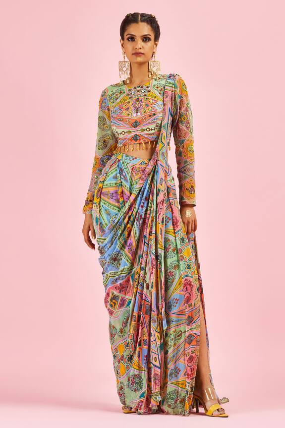 Buy DiyaRajvvir Multi Color Modal Pre-draped Saree With Blouse Online ...