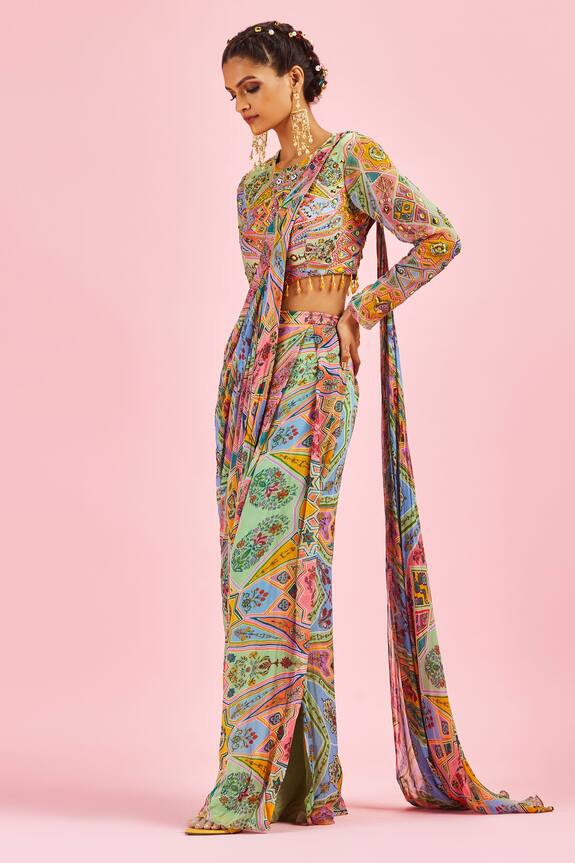 Buy DiyaRajvvir Multi Color Modal Pre-draped Saree With Blouse Online ...