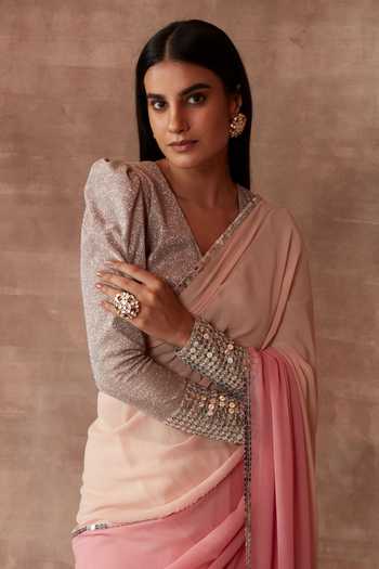 Buy Neeta Lulla Peach Georgette Roselyn Color Block Saree With Blouse ...