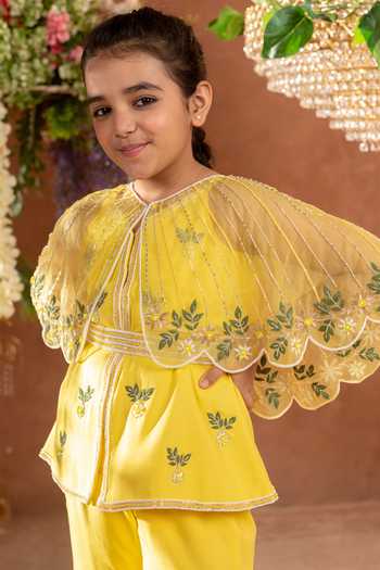 Buy Littleens Yellow Dilkush Embroidered Cape Sharara Set For Girls ...