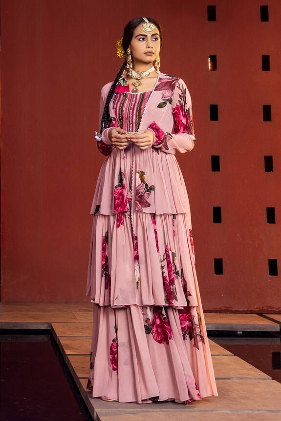 Buy Kalista Pink Raw Silk Sakina Hand Painted Cape And Kurta Sharara ...