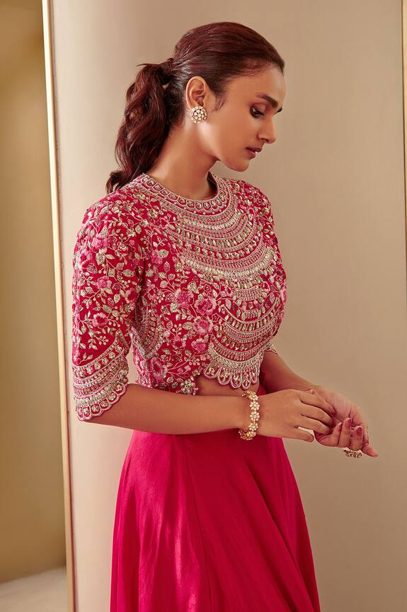 Buy Osaa by Adarsh Mulberry Silk Embroidered Top And Asymmetric Lehenga ...