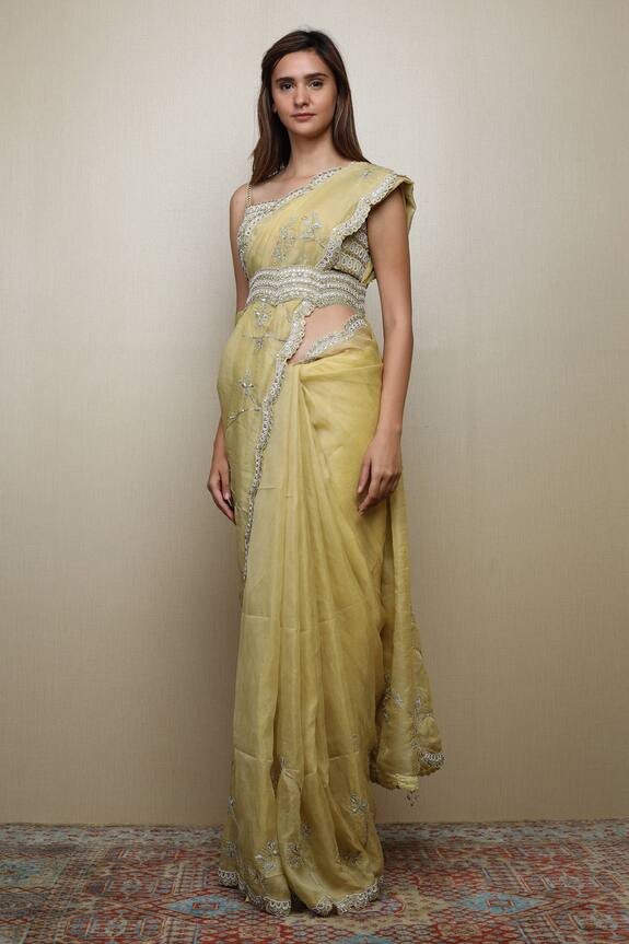 Buy Osaa by Adarsh Yellow Tissue Organza Embroidered Saree With Blouse ...