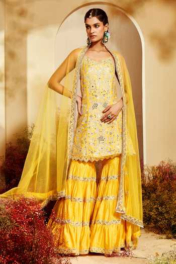 Buy Priyaa Yellow Chanderi Embroidered Kurta Sharara Set Online | Aza ...