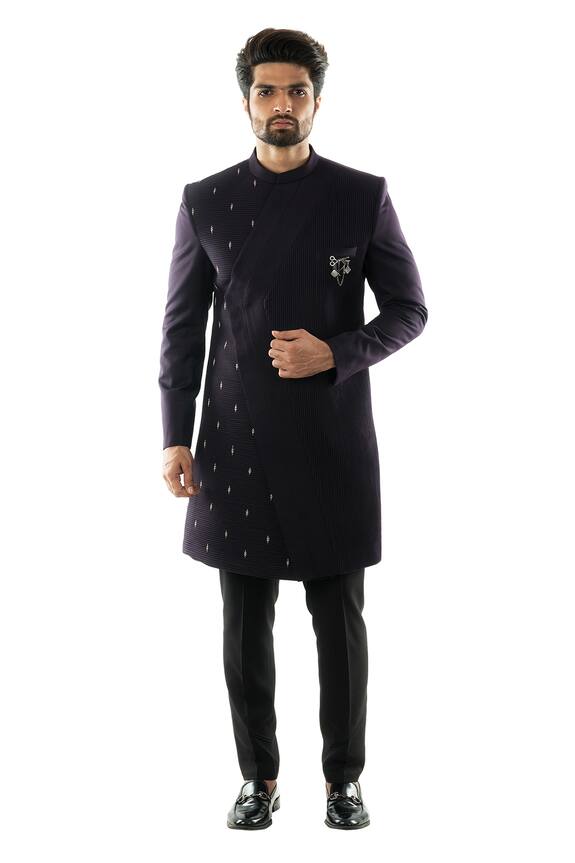 Buy Paarsh Purple Terrycot Overlap Sherwani Set Online | Aza Fashions