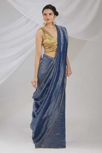 Buy Pranay Baidya Blue Chanderi Striped Saree Online | Aza Fashions