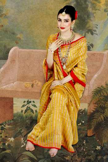 Buy Pranay Baidya Yellow Chanderi Striped Saree Online | Aza Fashions