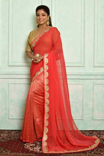 Buy Pranay Baidya Coral Organza Stripe Pattern Chanderi Saree Online ...