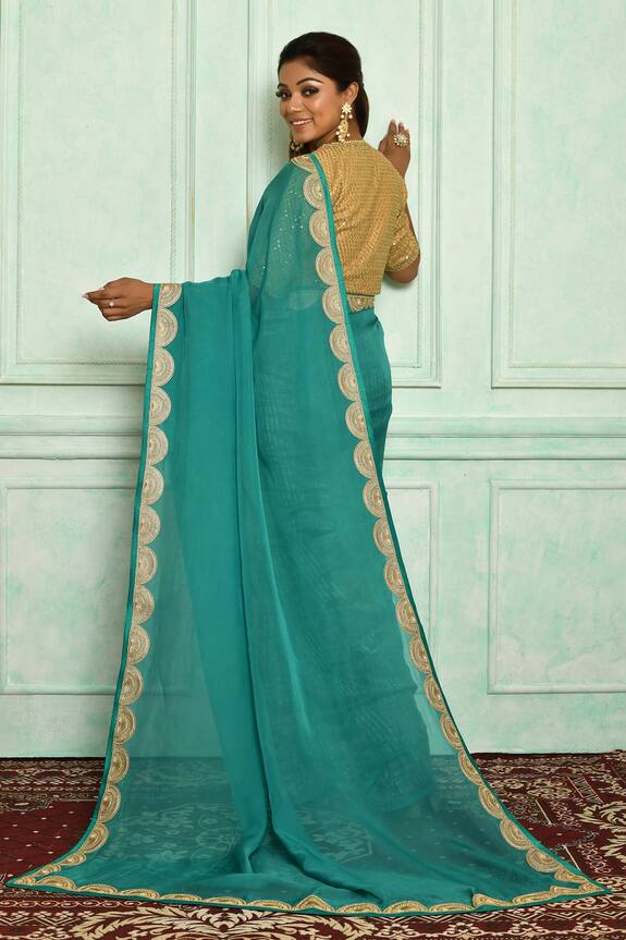 Buy Pranay Baidya Green Organza Stripe Pattern Chanderi Saree Online ...