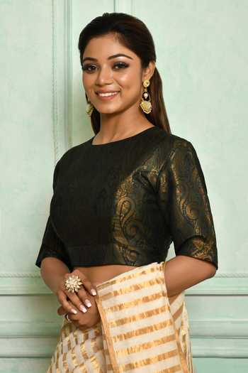 Buy Pranay Baidya Green Cotton Silk Paisley Brocade Woven Blouse Online ...