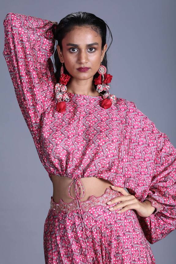 Buy Punit Balana Pink Silk Satin Printed Crop Top And Dhoti Pant Set ...