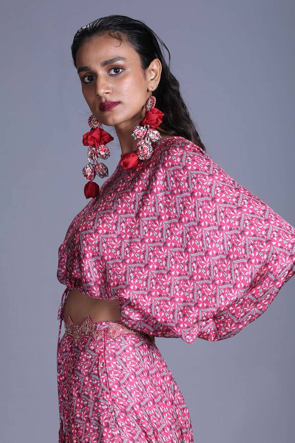 Buy Punit Balana Pink Silk Satin Printed Crop Top And Dhoti Pant Set ...