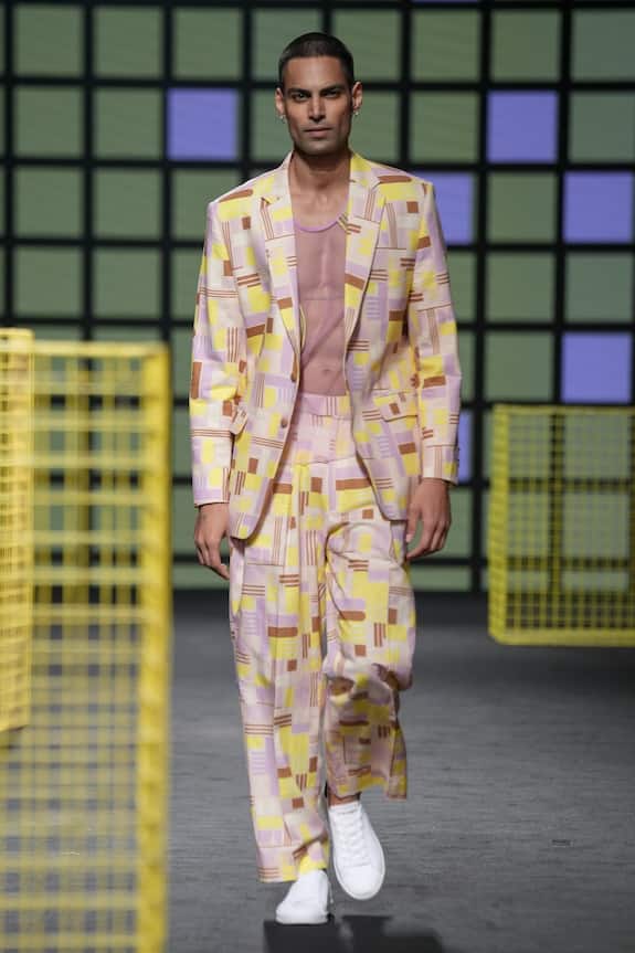 Buy Nirmooha Multi Color Linen Geometric Print Blazer Online | Aza Fashions