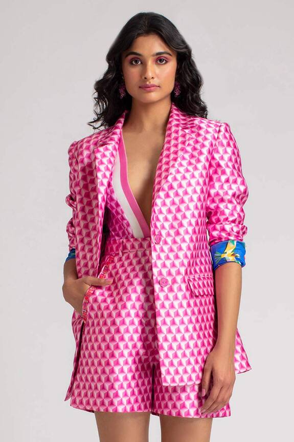 Buy Pankaj And Nidhi Pink Satin Twill Printed Jacket And Shorts Set