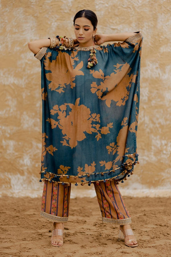 Buy Pooja-Keyur Blue Cotton Silk Kaftan Kurta And Pant Set Online | Aza ...