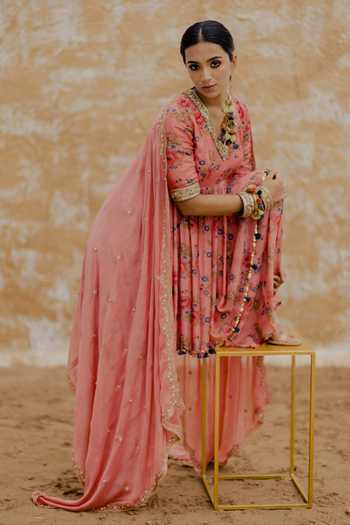 Buy Pooja-Keyur Pink Cotton Silk Floral Print Kurta Sharara Set Online ...