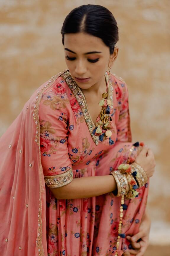 Buy Pooja-Keyur Pink Cotton Silk Floral Print Kurta Sharara Set Online ...