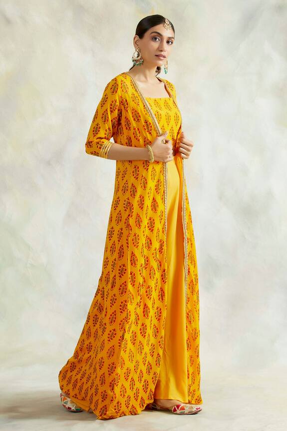 Buy Palak & Mehak Yellow Crepe Floral Print Cape And Palazzo Set Online ...