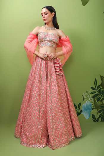 Buy Prevasu Coral Raw Silk Embroidered Lehenga With Strapless Blouse ...