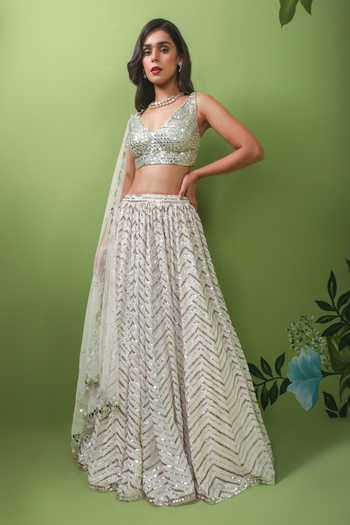 Buy Prevasu Ivory Georgette Chevron Embroidered Lehenga Set Online ...