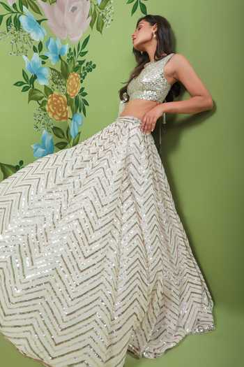 Buy Prevasu Ivory Georgette Chevron Embroidered Lehenga Set Online ...