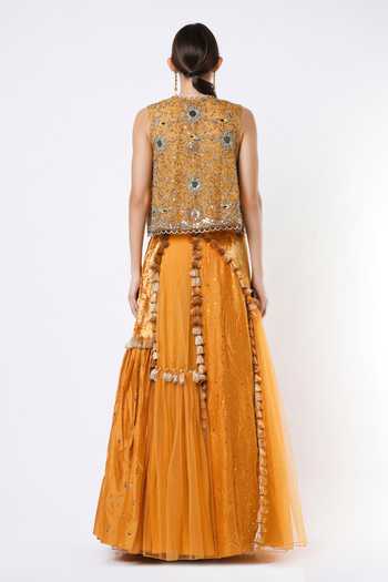 Buy Payal Singhal Yellow Organza Embroidered Jacket Lehenga Set Online ...