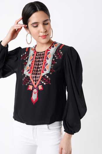 Buy PS Pret by Payal Singhal Black Georgette Embroidered Top Online ...