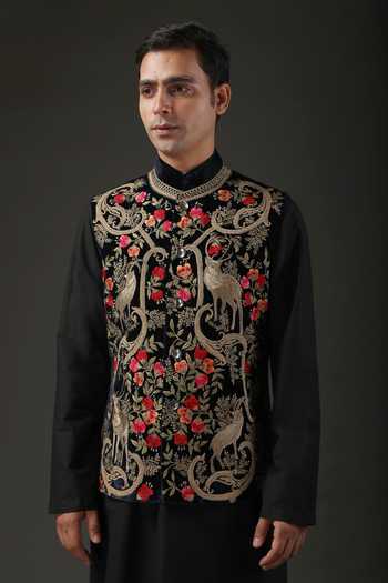 Buy Rohit Bal Black Silk Velvet Embroidered Nehru Jacket Online | Aza ...