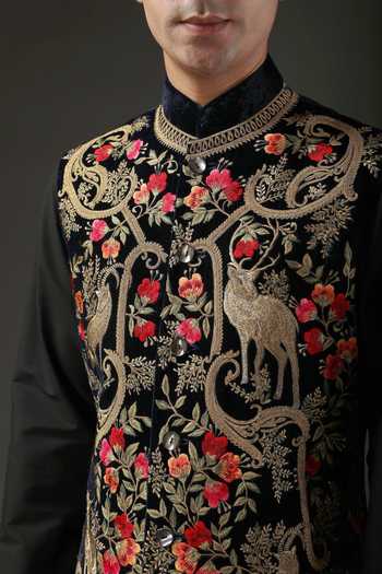 Buy Rohit Bal Black Silk Velvet Embroidered Nehru Jacket Online | Aza ...