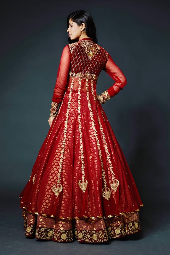 Buy Rohit Bal Maroon Cotton Embroidered Anarkali Lehenga Set Online ...