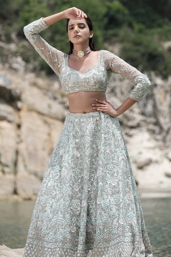 Buy Rajbinder Chahal Green Dupion Silk Embroidered Lehenga Set Online ...