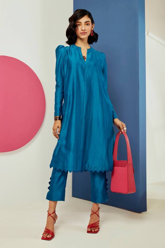 Buy Ridhi Mehra Blue Reese Chanderi Kurta And Pant Set Online | Aza ...