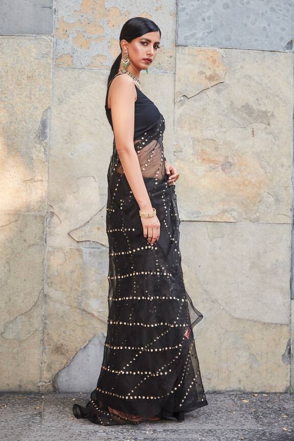 Buy Ranian Black Silk Organza Embroidered Saree With Blouse Online ...